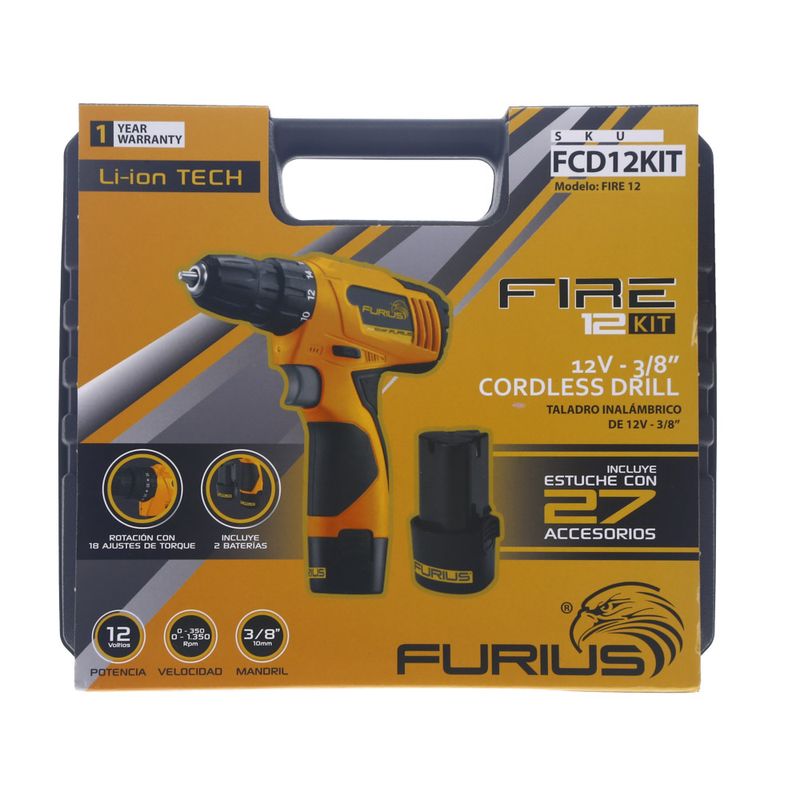 Taladro Inalámbrico Furius Fcd12kit 3/8 Pulg 12V 1350Rpm + 27 ...